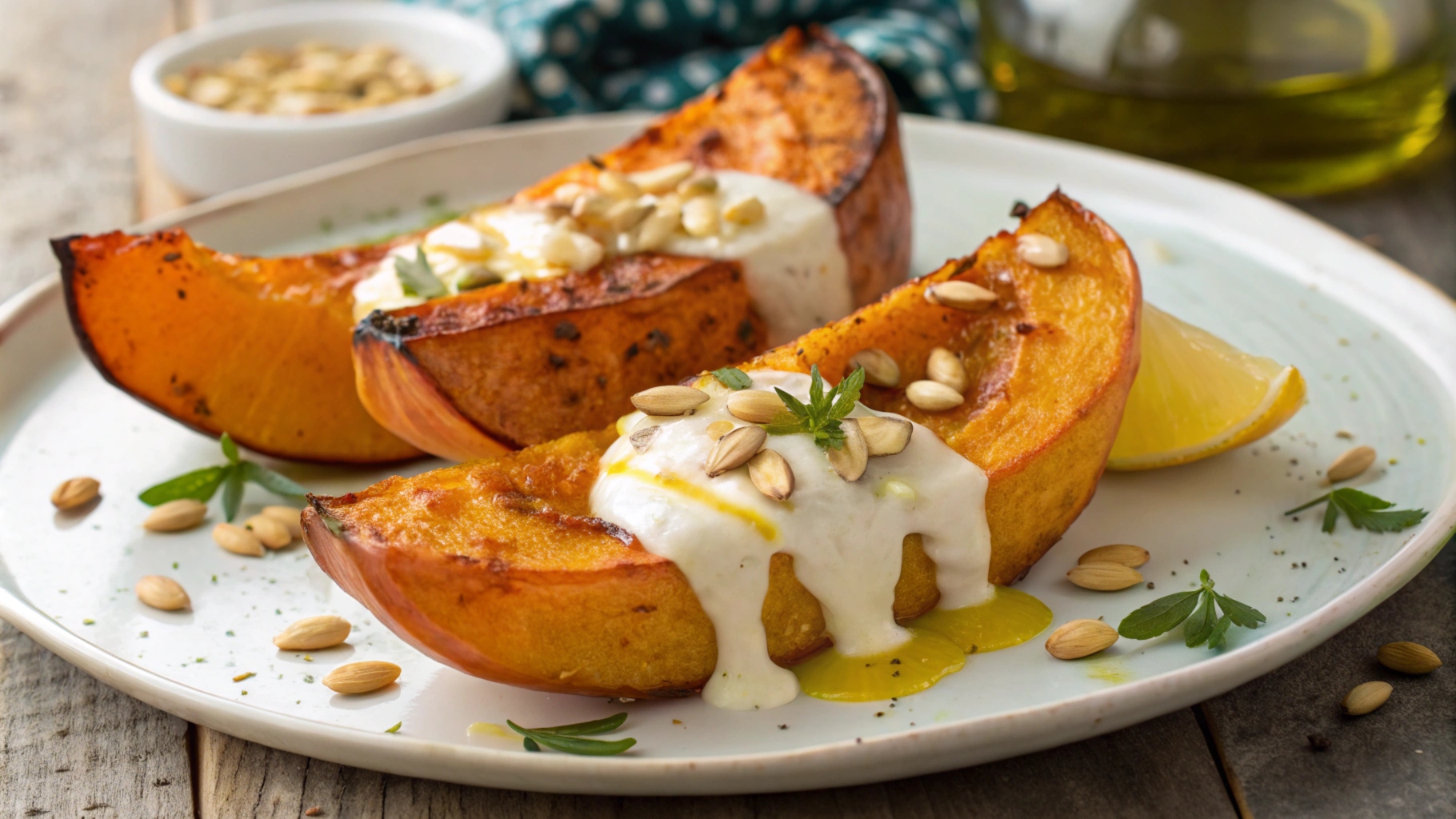 Roasted Pumpkin with Lemon Yogurt Sauce and Pine Nuts