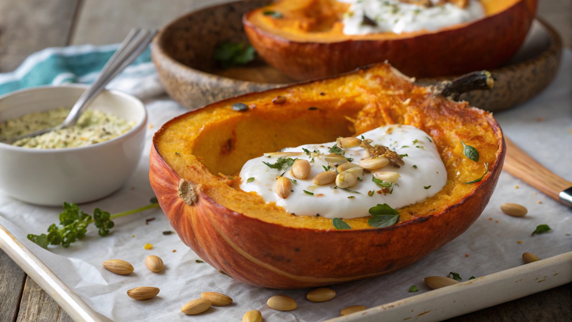 Roasted Pumpkin with Lemon Yogurt Sauce and Pine Nuts